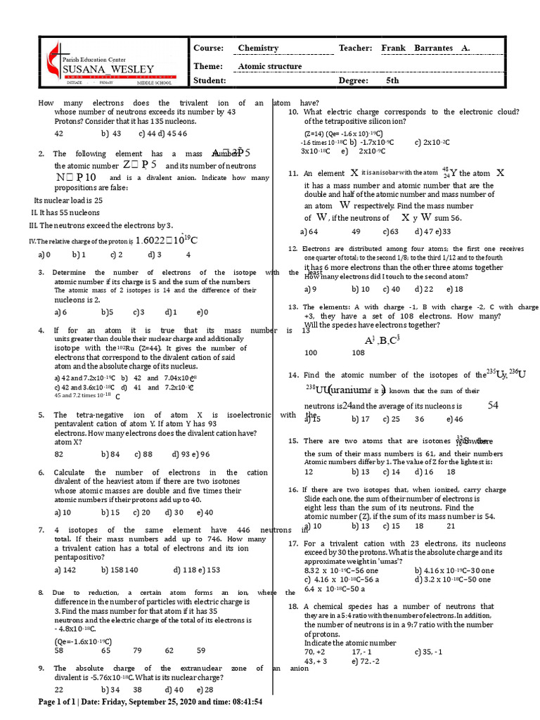 Atomic Structure - Practice 01 | PDF | Atoms | Ion
