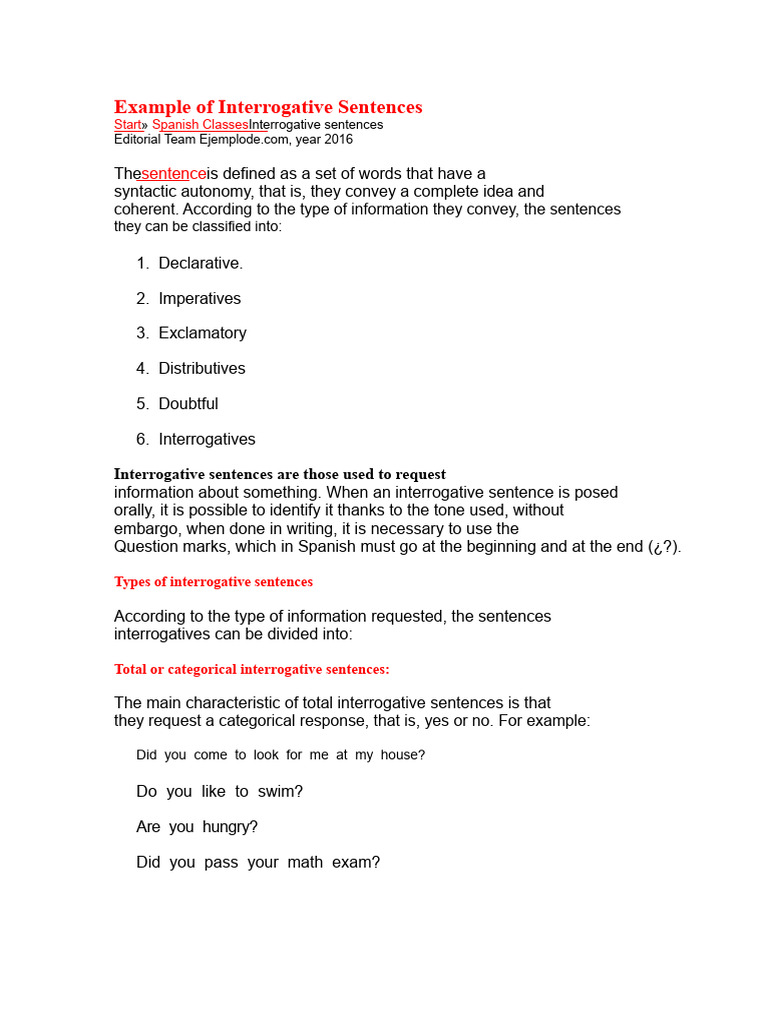 Example of Interrogative Sentences | PDF | Question | Sentence ...