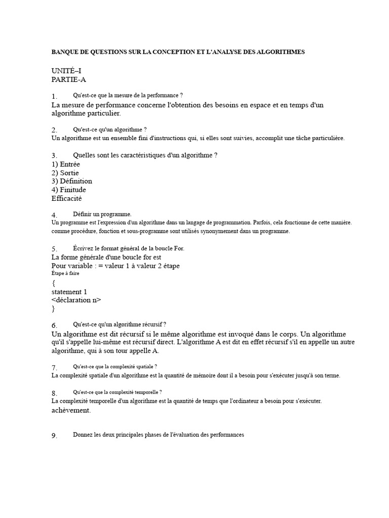 Banque de Questions Sur La Conception Et L'analyse Des Algorithmes | PDF | Programmation ...