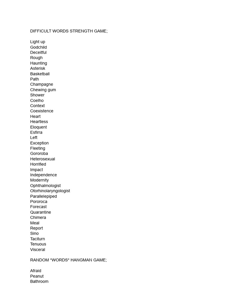 Difficult Words Strength & Hangman Game | PDF