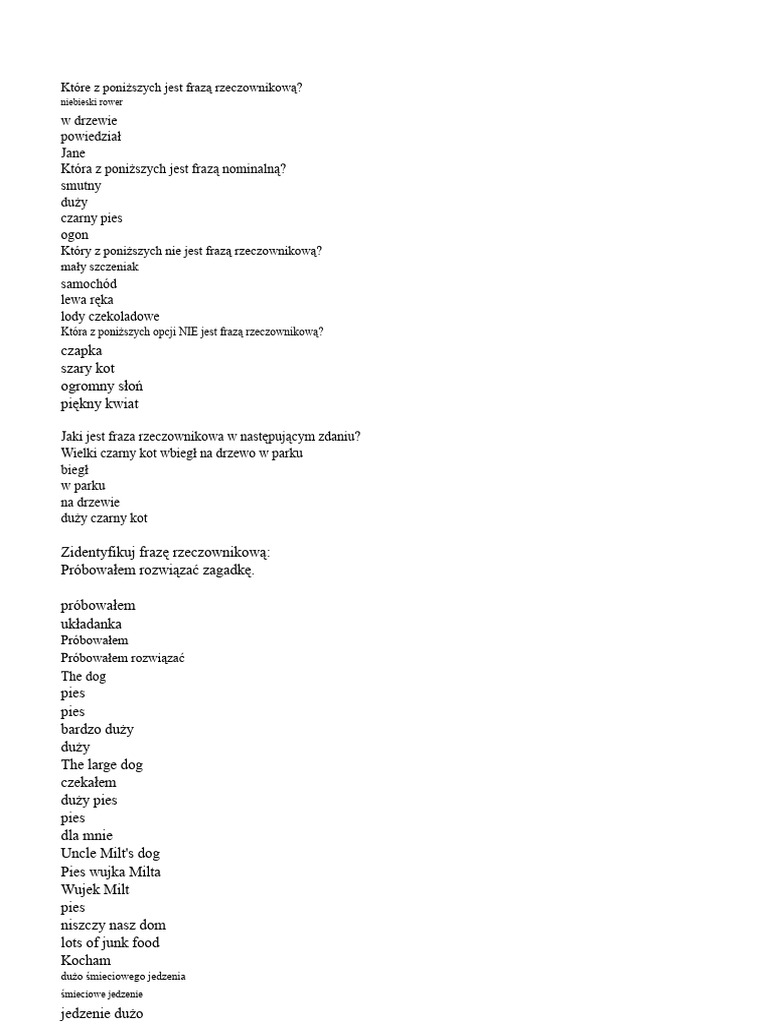 Quiz Fraz Rzeczownikowych | PDF