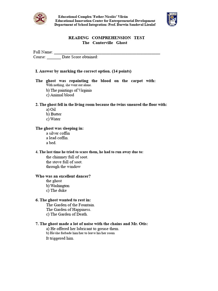 Canterville Ghost Reading Comprehension Test | PDF