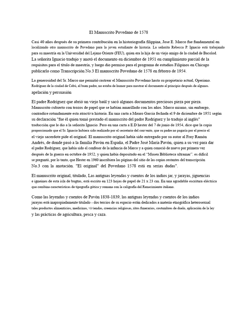 Resumen Del Manuscrito Povedano de 1578. | PDF | Manuscrito