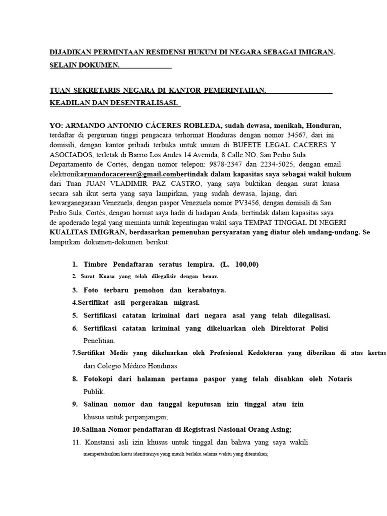 Permohonan Tinggal Resmi Sebagai Imigran Oleh Josué Cover | PDF