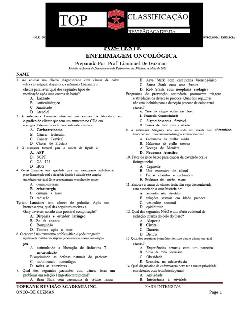 Chave de Respostas Do Pós-Teste Intenso de Onco de Guzman | PDF ...