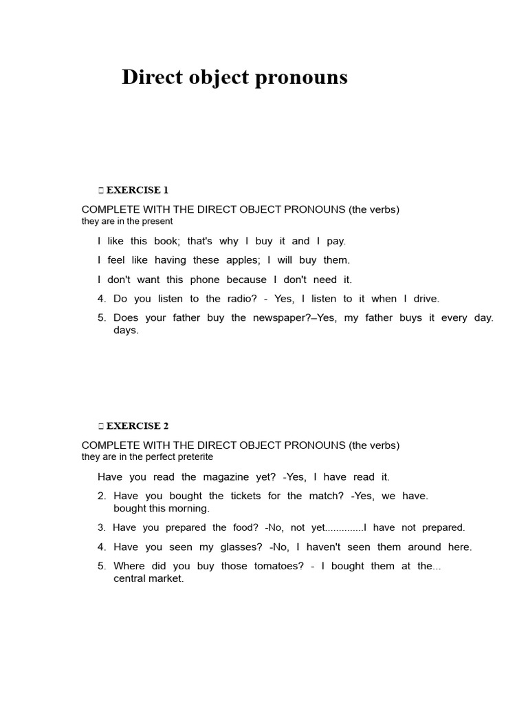 Direct Object Pronouns Exercises | PDF