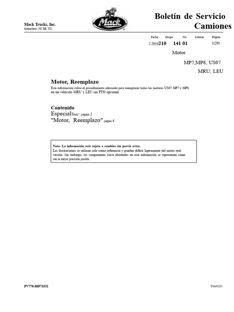 Reemplazo Del Motor MP7, MP8 ('07) - LRU, LEU | PDF | Embrague | Tornillo