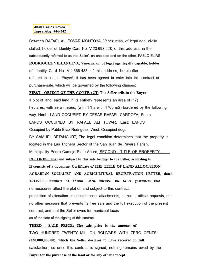 Land and Vehicle Sale Contracts | PDF | Identity Document | Private Law