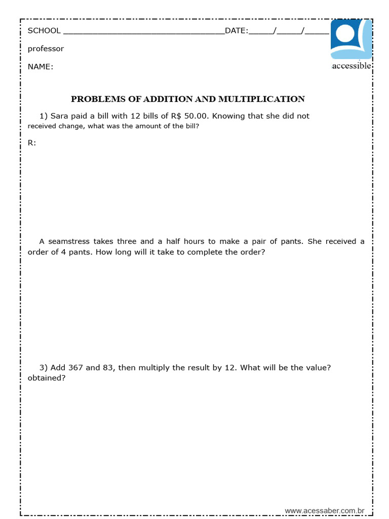 Mathematics Activity Addition and Multiplication Problems 4th Grade and ...
