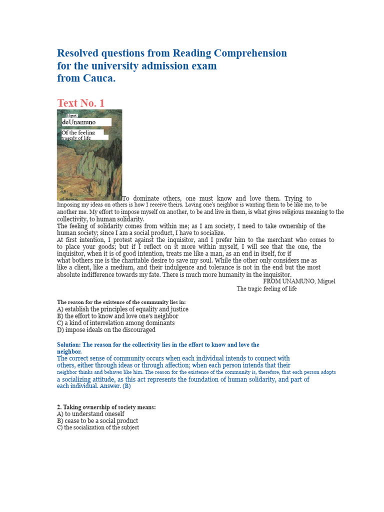 Resolved Reading Comprehension Questions For The Admission Exam of The ...