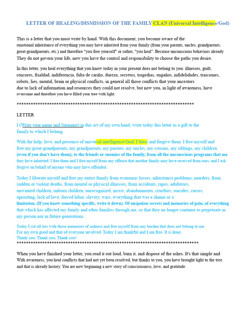 Family Healing Letter Template | PDF | Psychology | Behavioural Sciences
