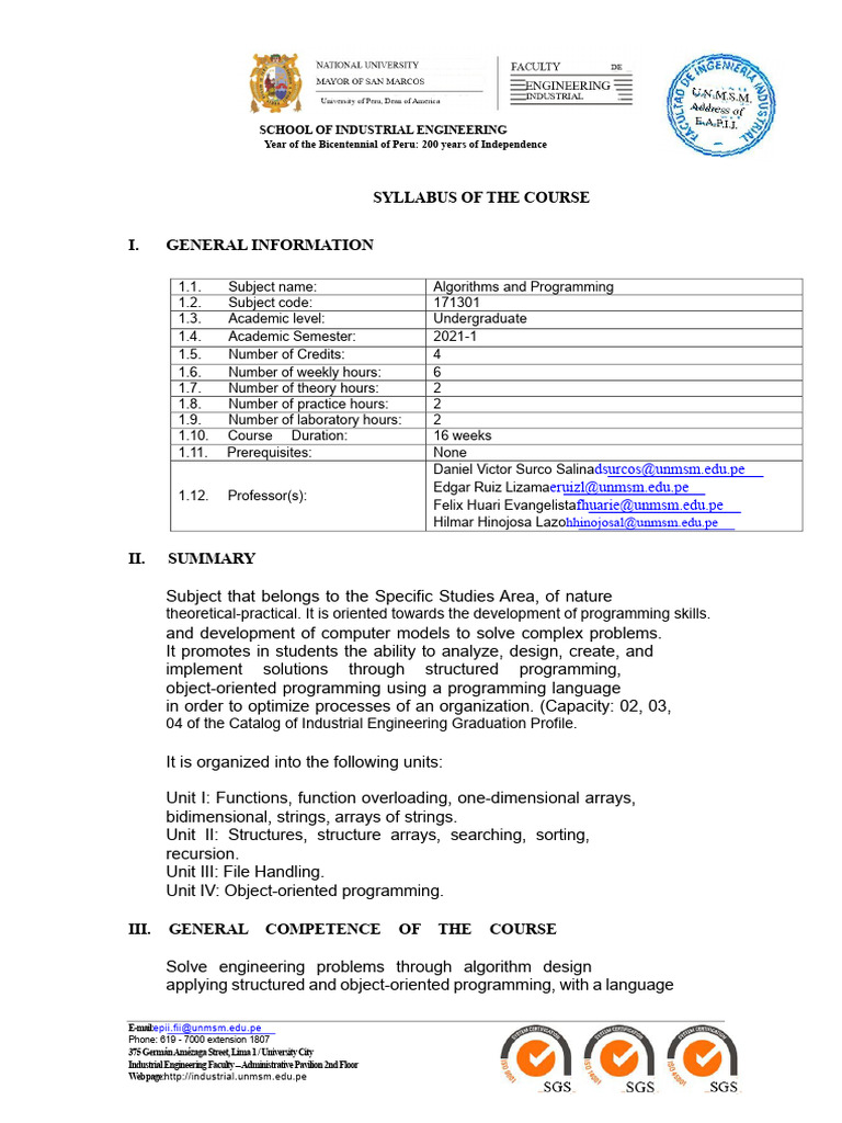 Syllabus Algorithms and Programming 2021-I (Plan 2018) | PDF | Computer ...