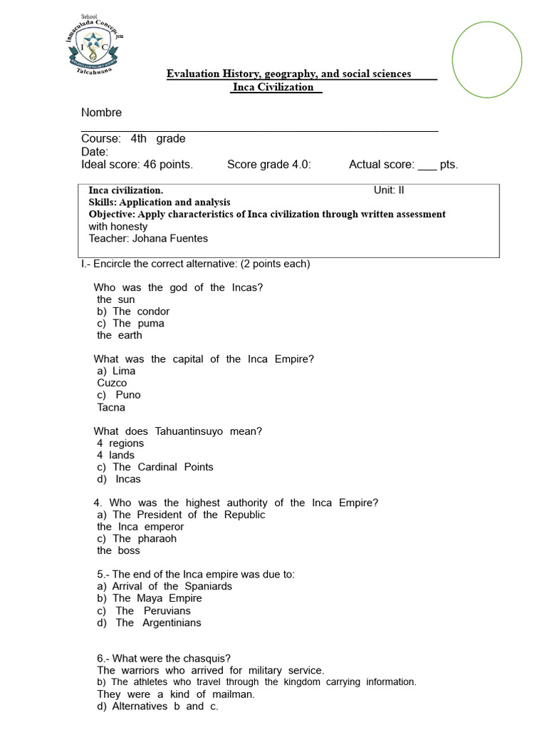 Inca Civilization Assessment Guide | PDF | Inca Empire | Andes