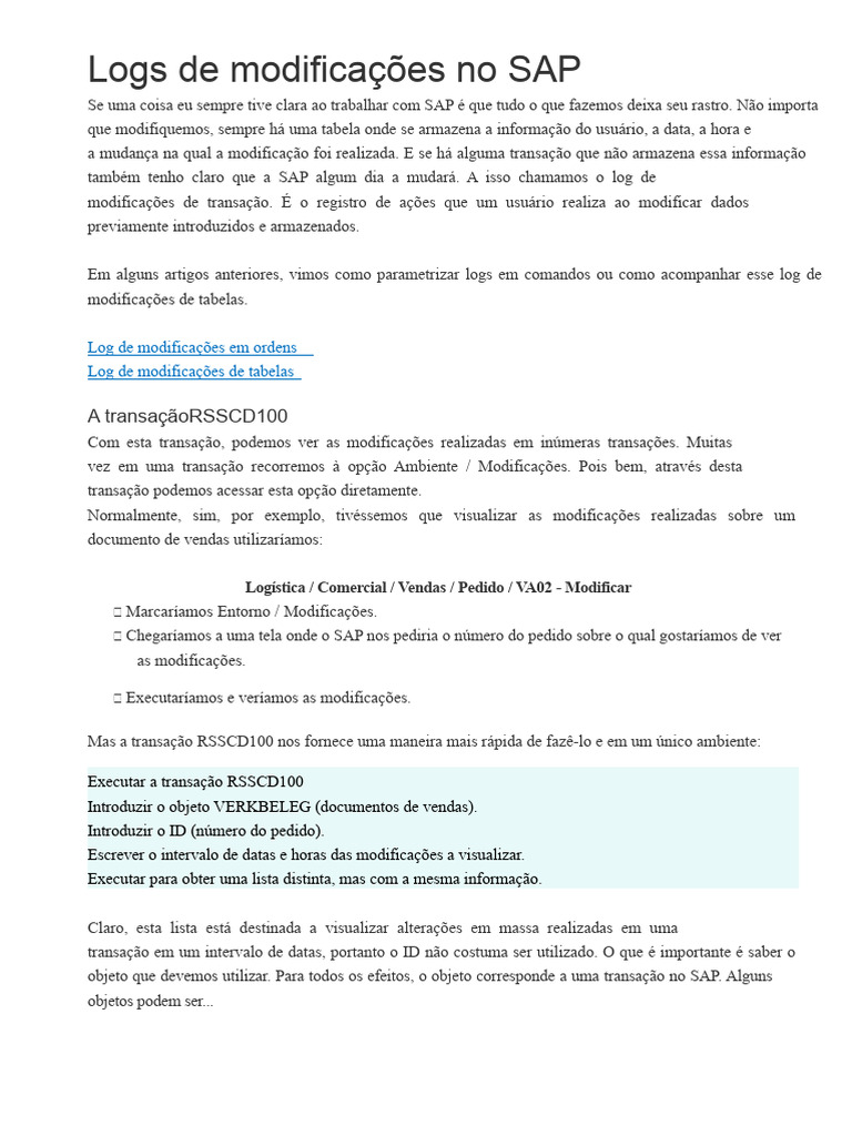 Logs de Modificações no SAP com RSSCD100 | PDF | Transação em base de ...