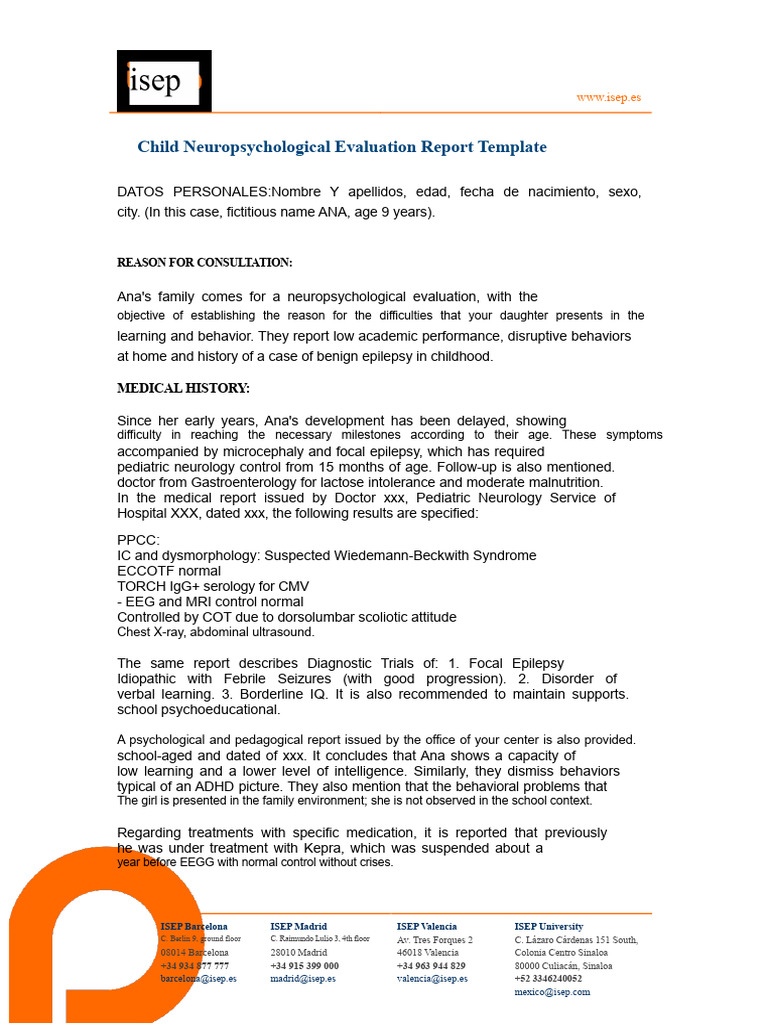 Model of Child Neuropsychological Evaluation Report | PDF | Executive ...