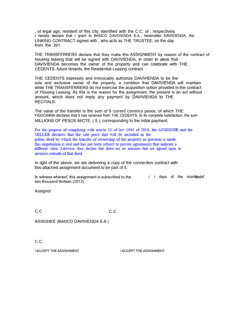 ASSIGNMENT TRANSFER - Leasing | PDF