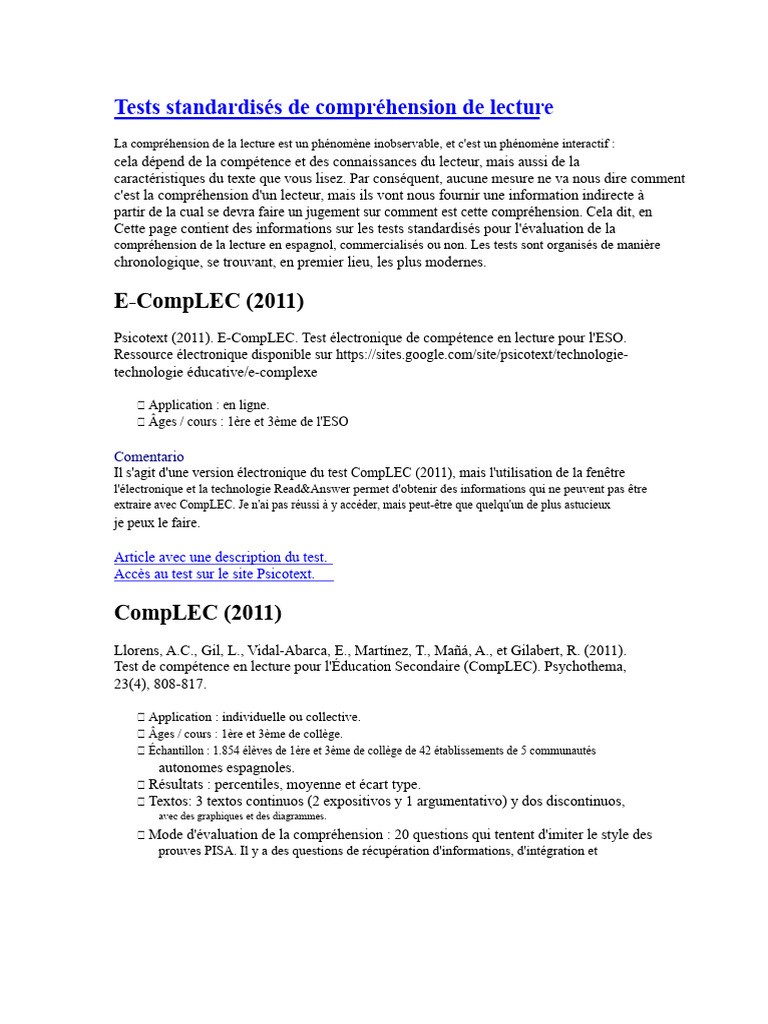Tests standardisés de compréhension de lecture | PDF | Apprentissage ...