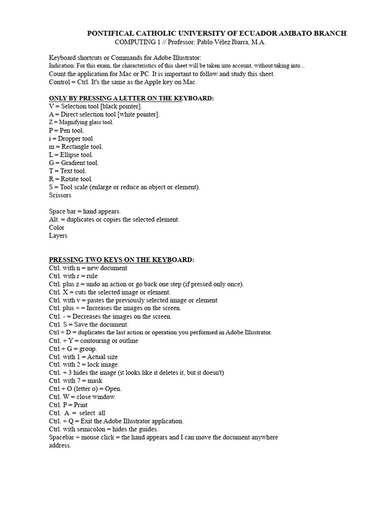 Keyboard Shortcuts or Commands For Adobe Illustrator | PDF