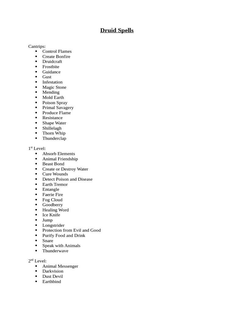 Essential Druid Spells List | PDF