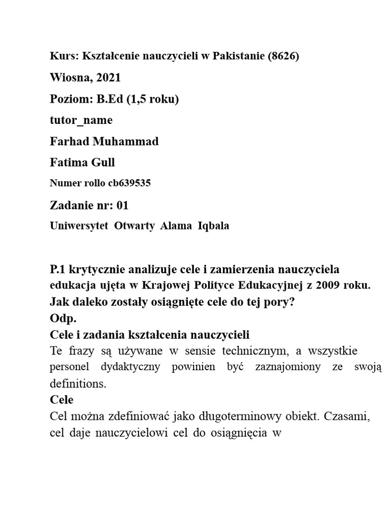 Wiosna, 2021 Poziom: B.Ed (1,5 Roku) Tutor - Name Farhad Muhammad ...