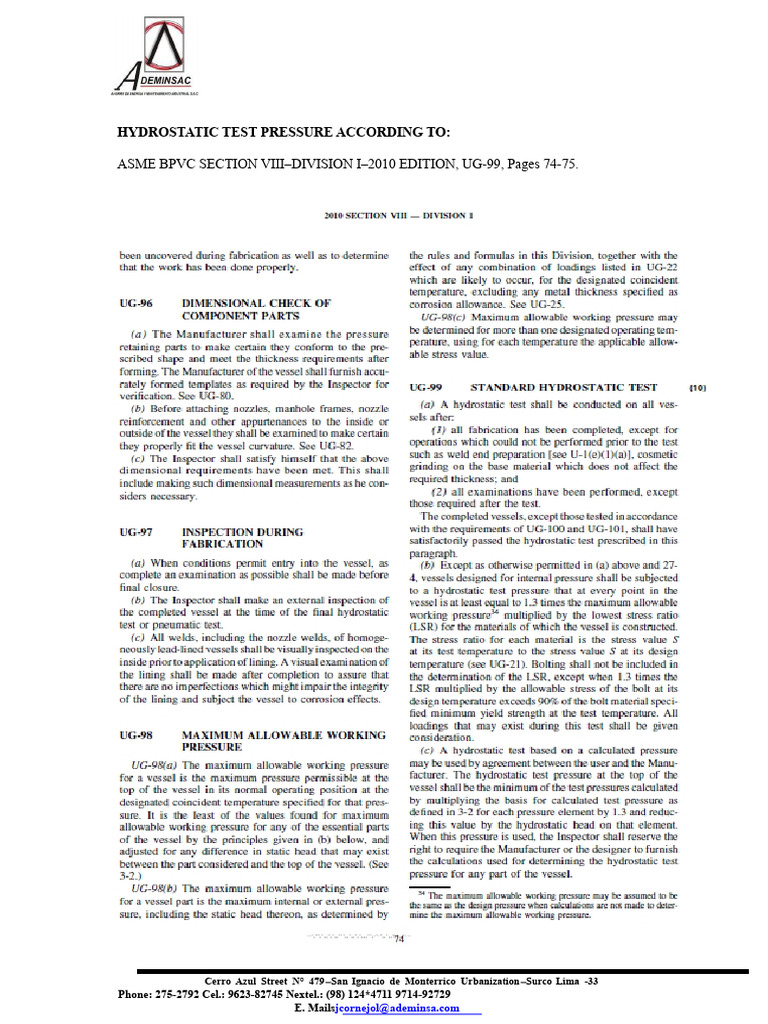 ASME BPVC Section VIII - Hydrostatic Test | PDF | Leak | Pressure