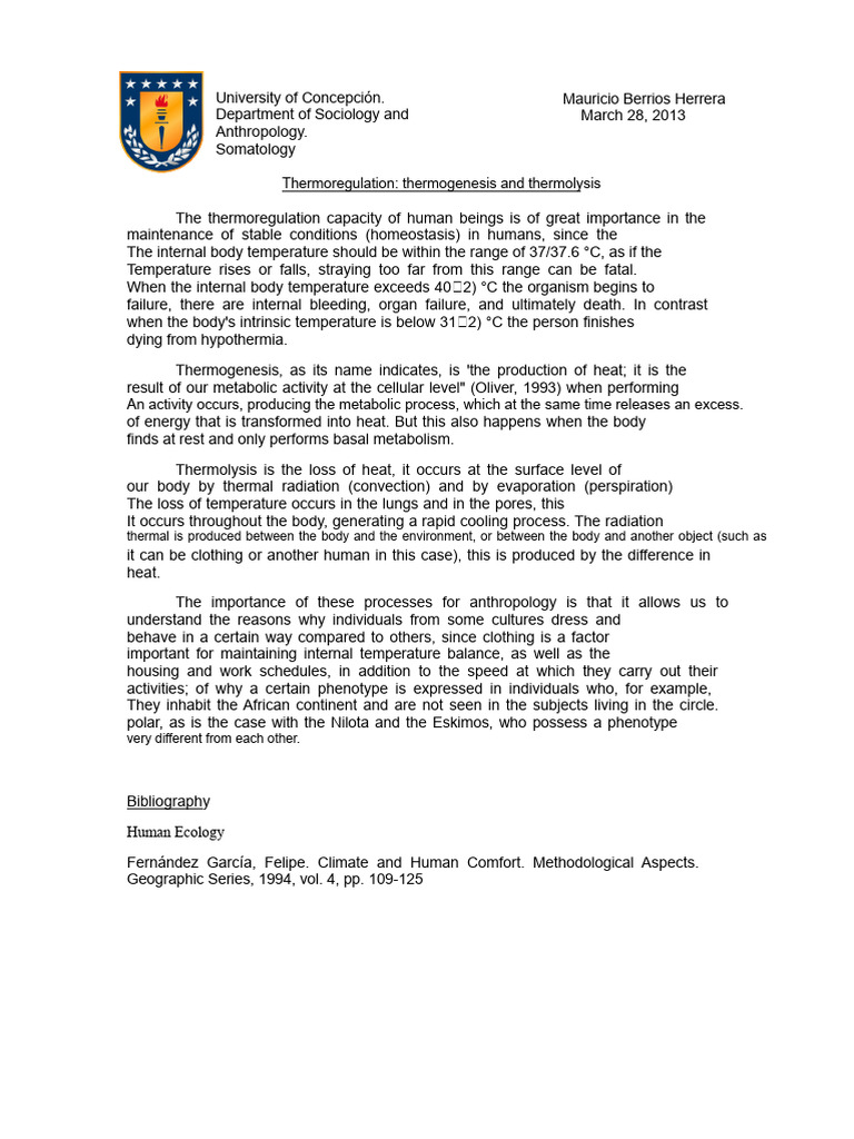 (Sheet 2) Thermoregulation Thermogenesis and Thermolysis | PDF ...