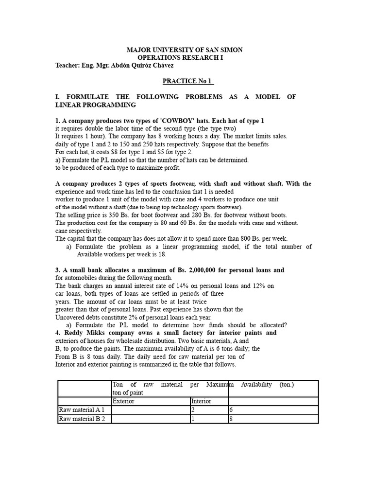 PRACTICE TOPIC 1 Operations Research 1 | PDF | Loans | Linear Programming