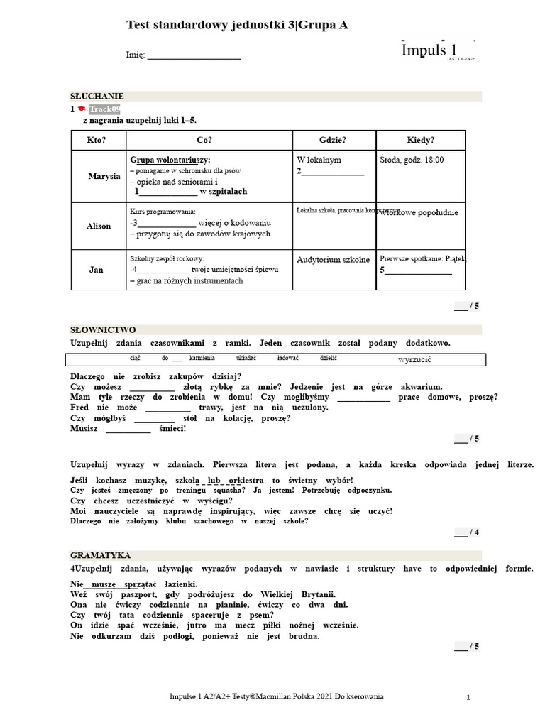 Test Jednostki 3 Standard A | PDF