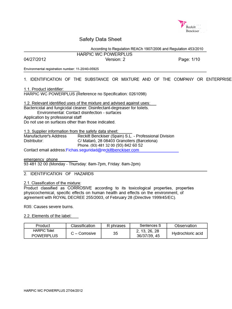 MSDS Harpic Power | PDF | Toxicity | Occupational Safety And Health