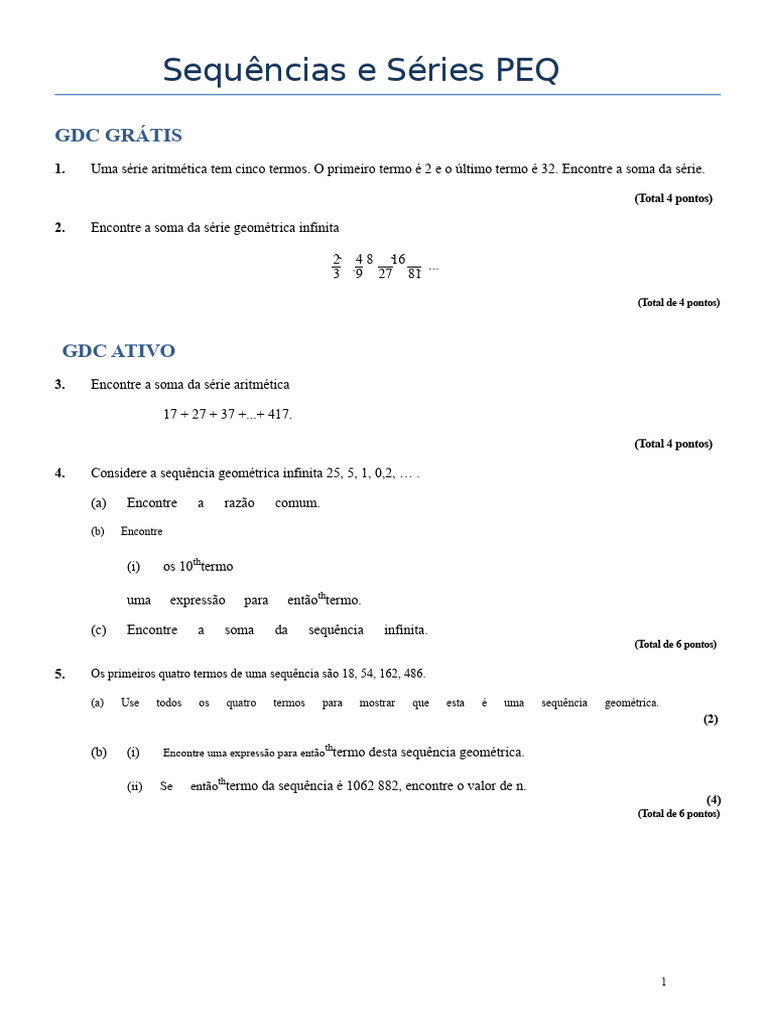 Questões de Prática Sobre Sequências e Séries | PDF | Sequência | Geometria