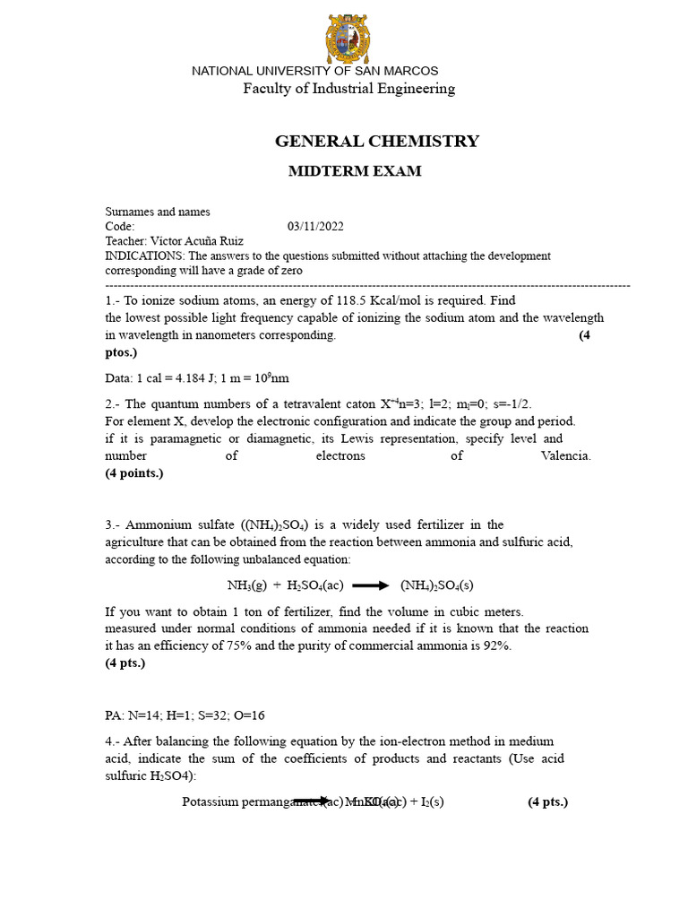 General Chemistry Midterm Exam Fii-2022 | PDF | Ammonium | Chemical ...