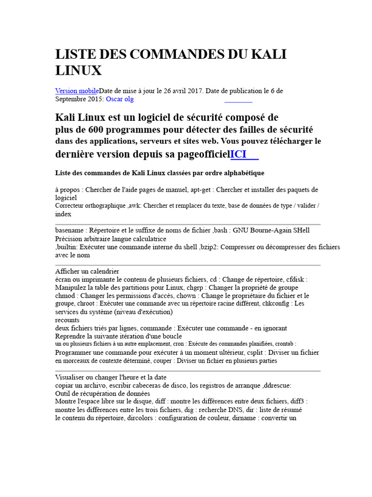 Liste Des Commandes de Kali Linux | PDF | Fichier informatique | Linux