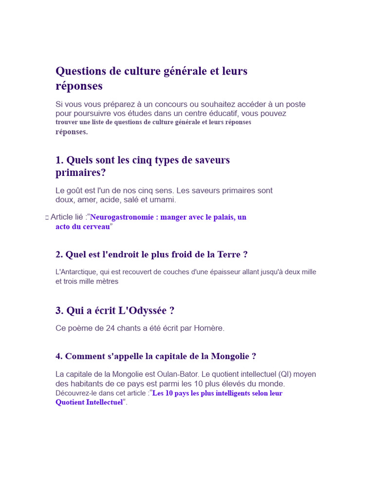 Questions de culture générale et réponses | PDF | Réaction d ...