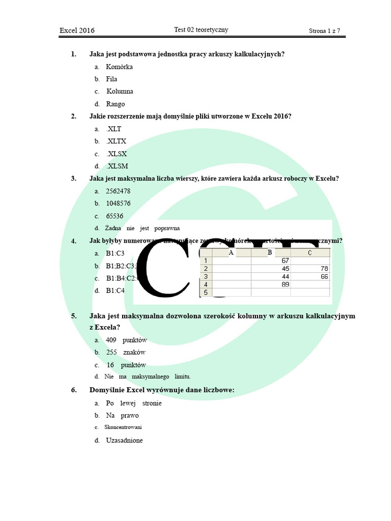 Test 02 Teoretyczny Excel 2016 Z Odpowiedziami | PDF