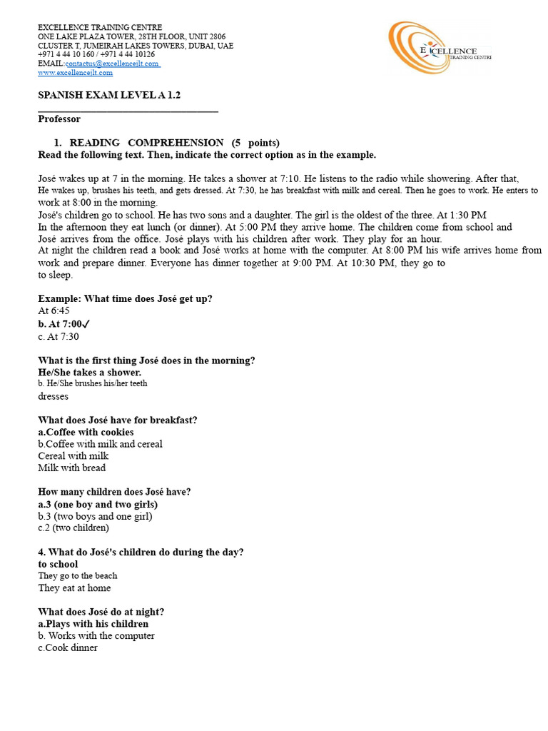 Spanish Exam Level A 1.2 | PDF | Spanish Cuisine | Western Cuisine