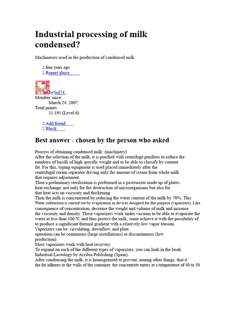 Industrial Production of Condensed Milk | PDF