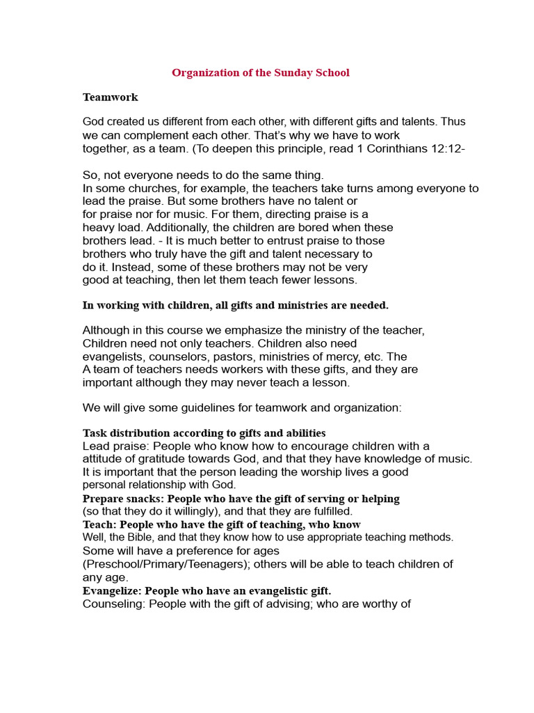 Sunday School Teamwork Strategies | PDF | Teachers | Sunday School