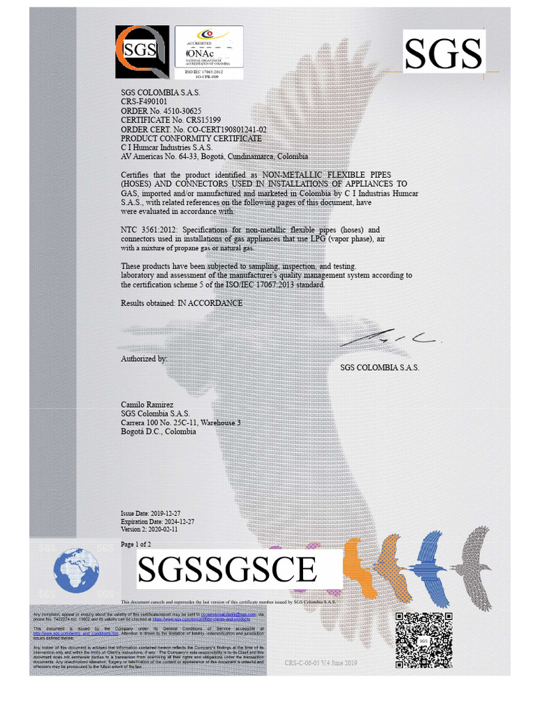 Flexible Gas Hose Certificate | PDF