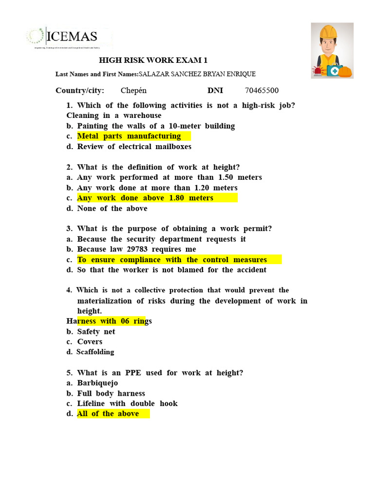High Risk Work Exam - 1 - Bryan Salazar Sanchez | PDF