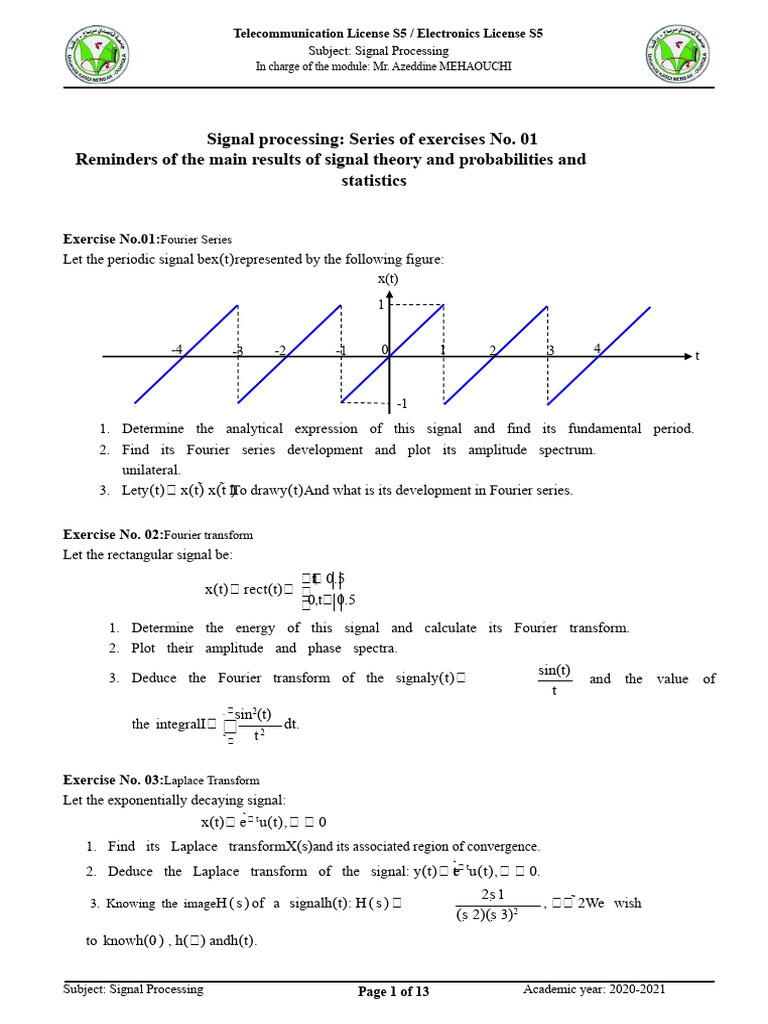 TD1 Signal Processing | PDF | Laplace Transform | Spectral Density