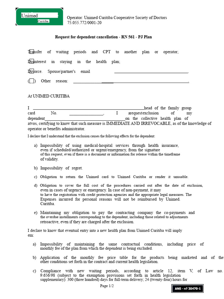 Request For Cancellation of Dependent rn561 Plan PJ 12.06 | PDF | Insurance