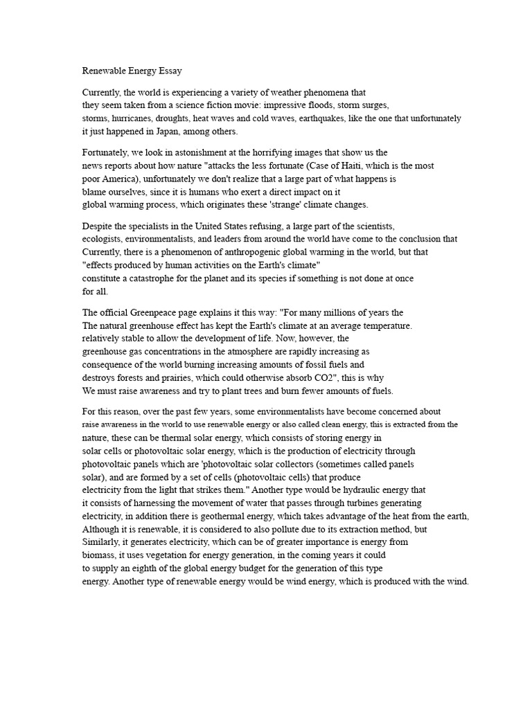 Renewable Energy Essay | PDF | Climate Change | Electricity Generation