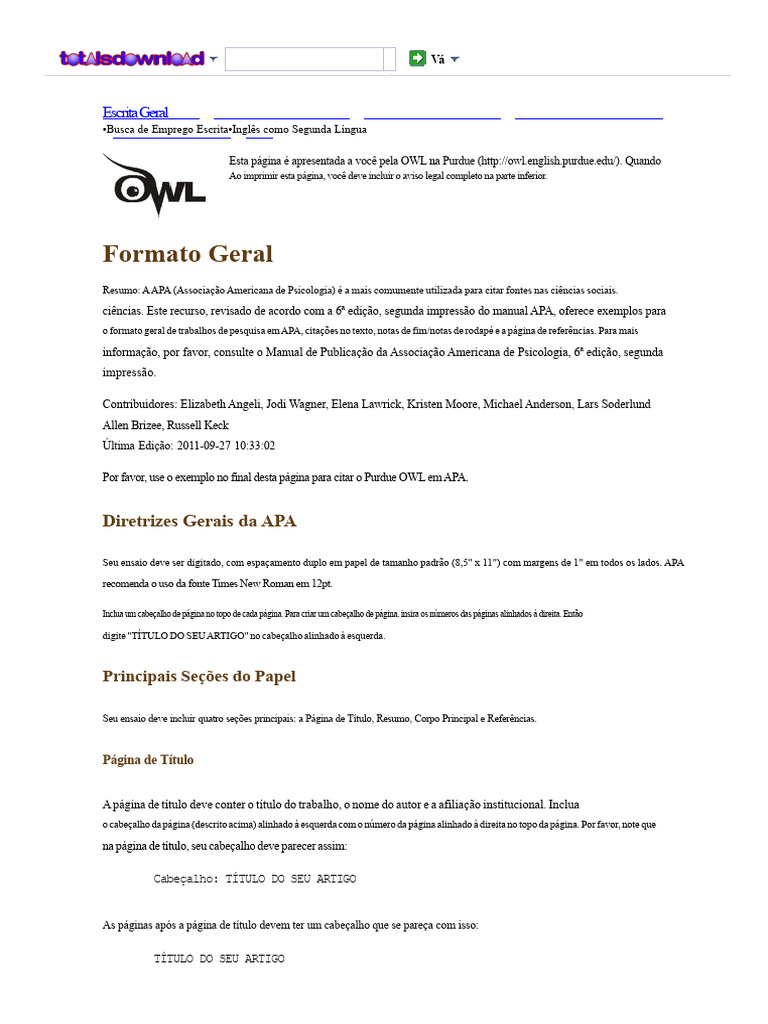 Purdue OWL - Guia de Formatação e Estilo Da APA | PDF | Abstract ...