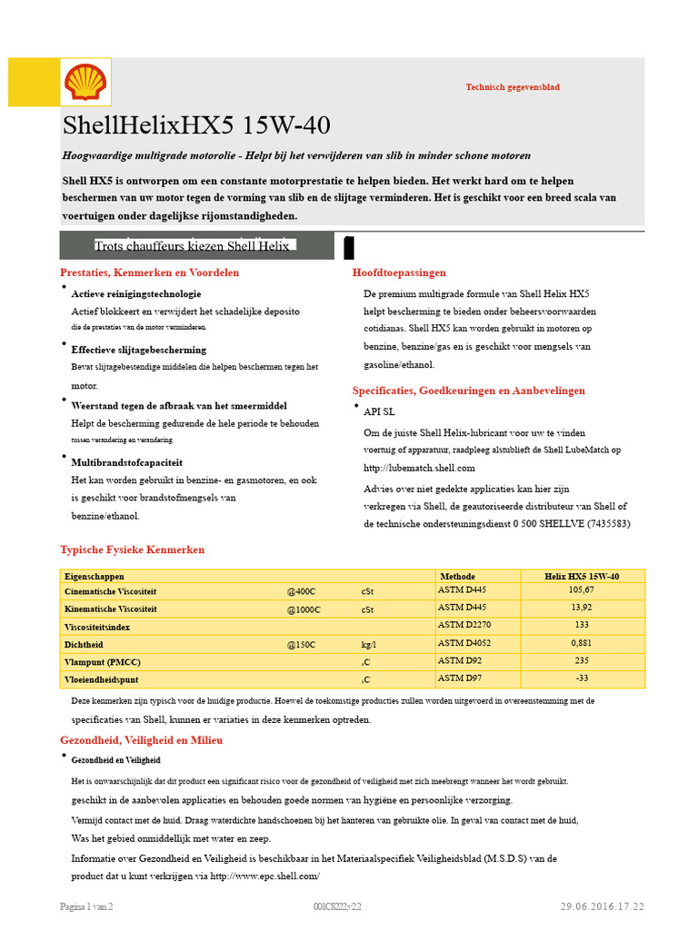 Technische Gegevens Shell Helix HX5 15W 40 SL | PDF