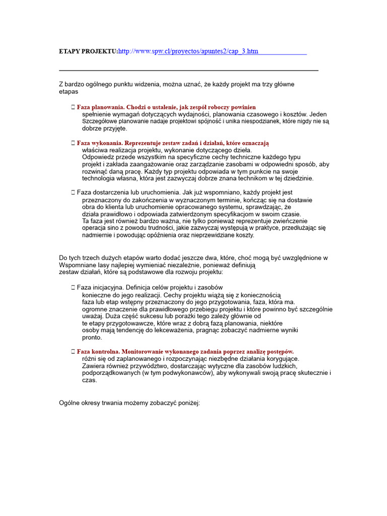 ETAPY I Rodzaje Projektu | PDF