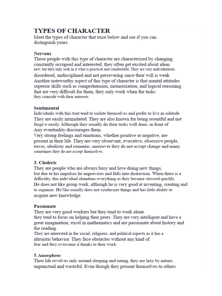 Types of Characters | PDF | Anxiety | Mental Health