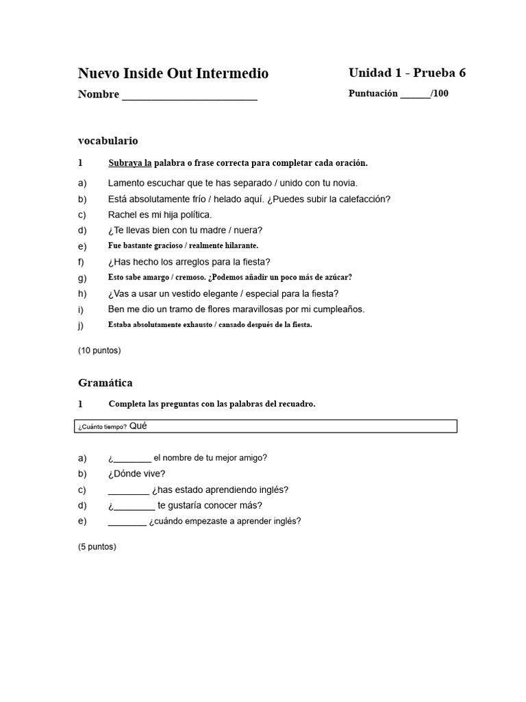 Prueba de Vocabulario y Gramática Intermedia | PDF | Lingüística