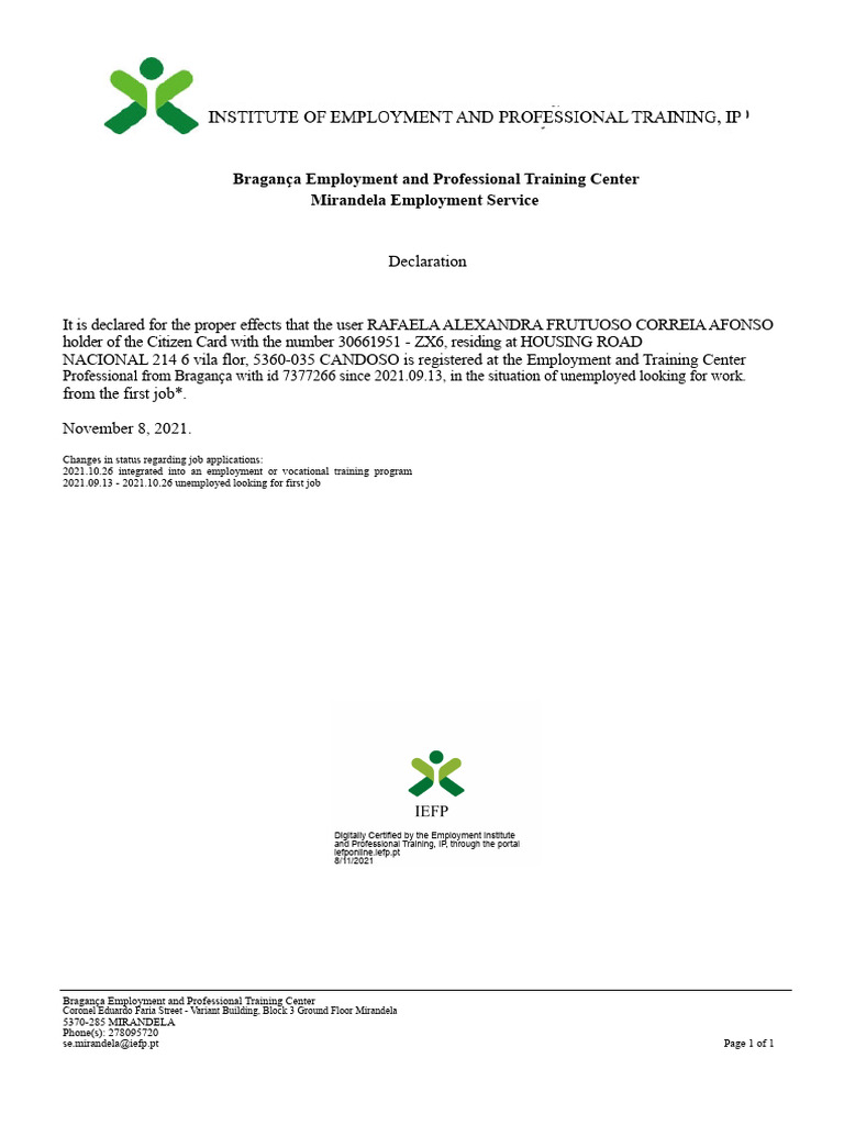 Bragança Employment Registration for Rafaela Afonso | PDF