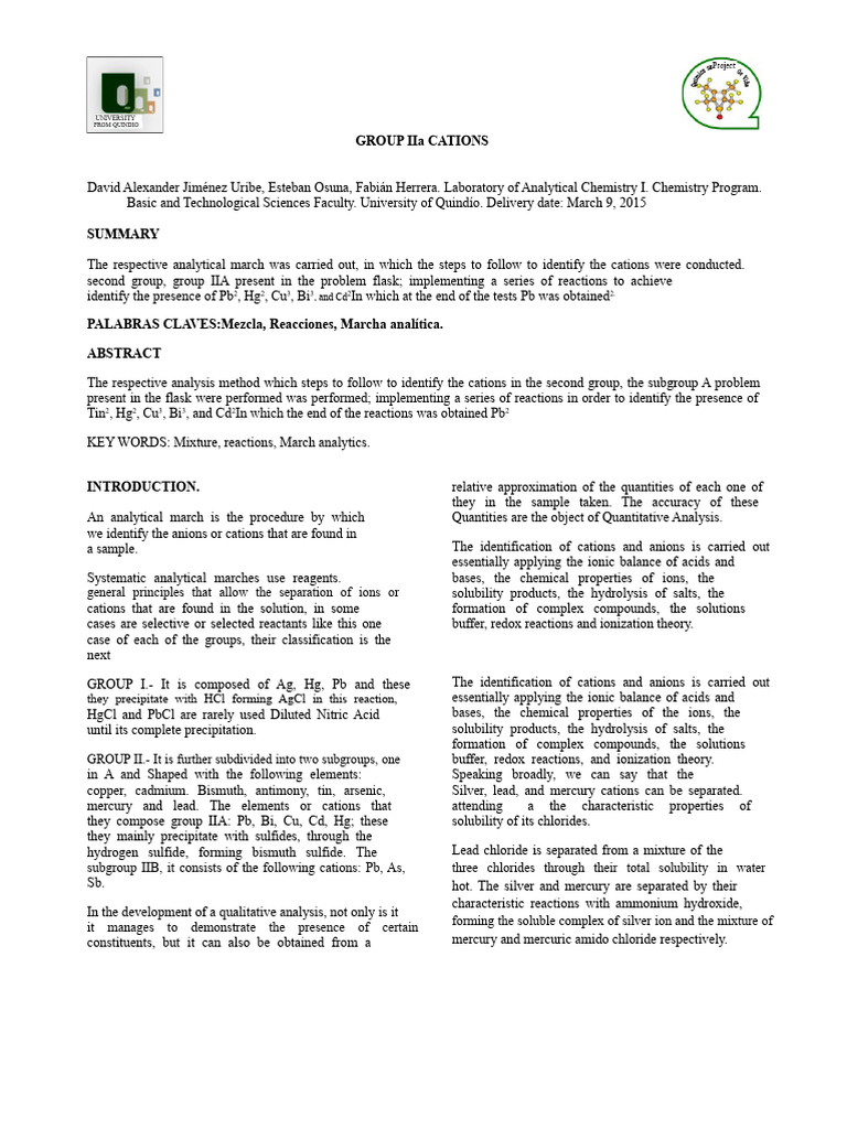 Report On Cation Analytics Group 2a | PDF | Chemistry | Chemical Substances