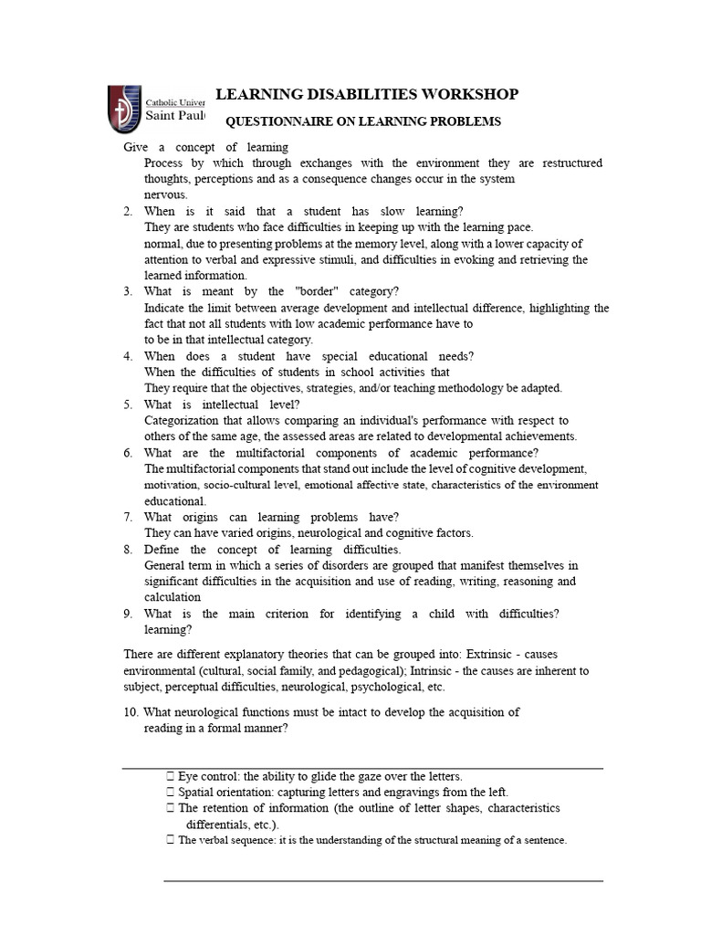 Questionnaire For Learning Problems Workshop. Resolved | PDF | Learning ...